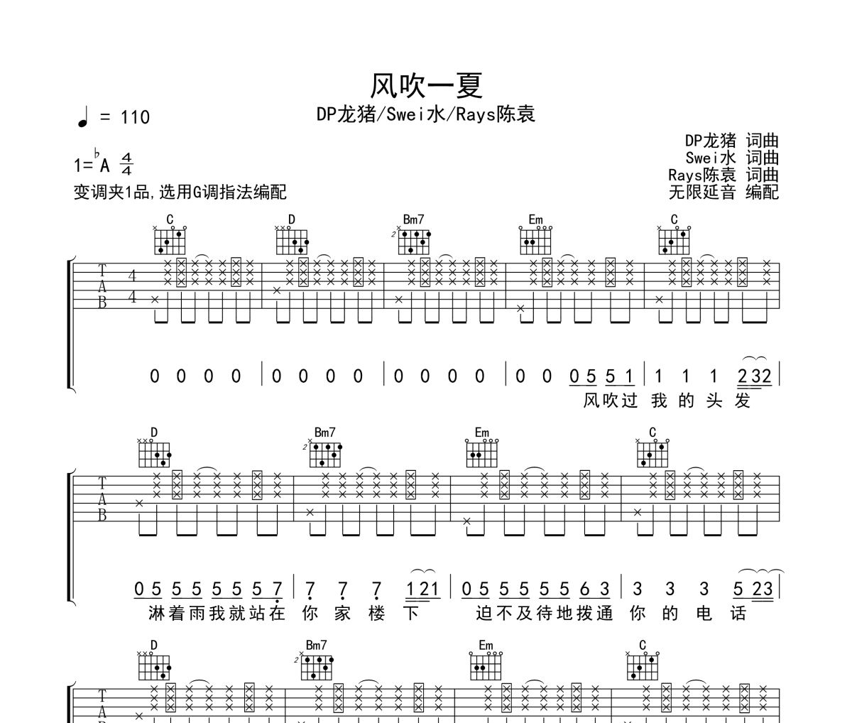 风吹一夏吉他谱 Dp龙猪swei水rays陈袁 风吹一夏六线谱g调指法 乐手网